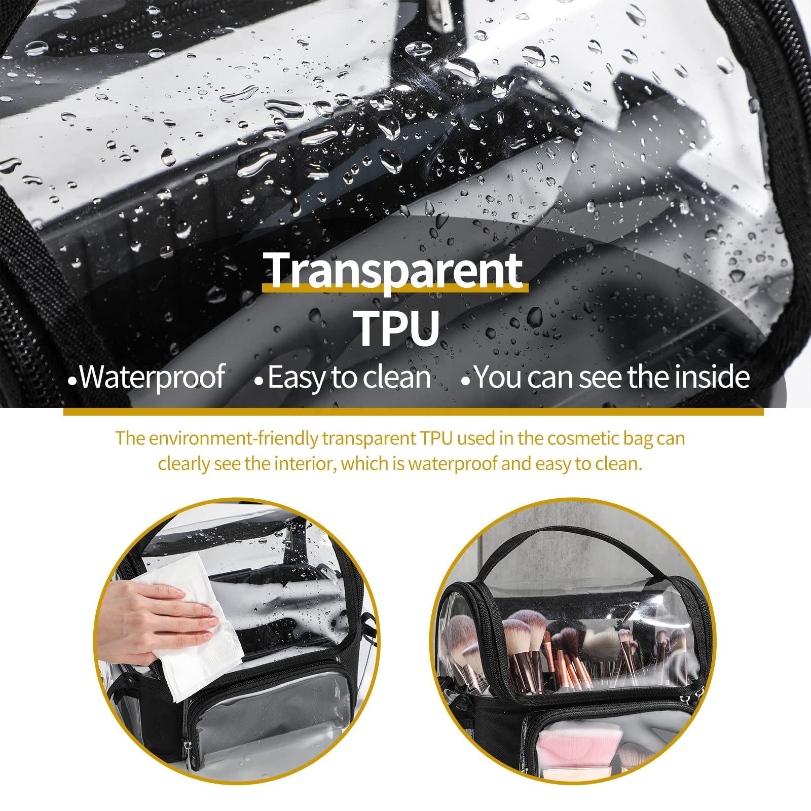 BS-MALL Makeup Bag, Transparent PVC Clear Travel Makeup Brush Holder, Tool Organizer Case with Shoulder Strap (Black)