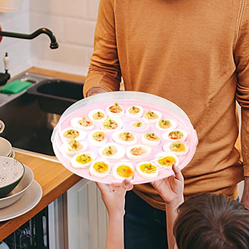 HANSGO Deviled Egg Platter, Pink Deviled Egg Containers with Lid Plastic Deviled Egg Keeper Platter Carrier for Holiday Season Table Party, 22 Egg Slots