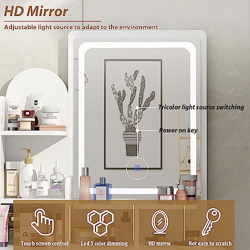 FUFU&GAGA Vanity Set with Mirror, Makeup Vanity Dressing Table with 5 Drawers, Shelves, Dresser Desk and Cushioned Stool Set (Lighted Mirror Vanity Set, 31.5" W x 15.7" D x 55.1" H)