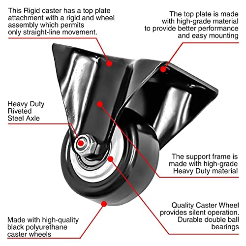 FactorDuty 4 Pack Combo 2 inch Caster Wheels 2 Rigid Non Swivel Fixed Stationery & 2 with Brake Swivel Plate All Black Polyurethane Wheels Non Marking No Noise 150LB Per Wheel