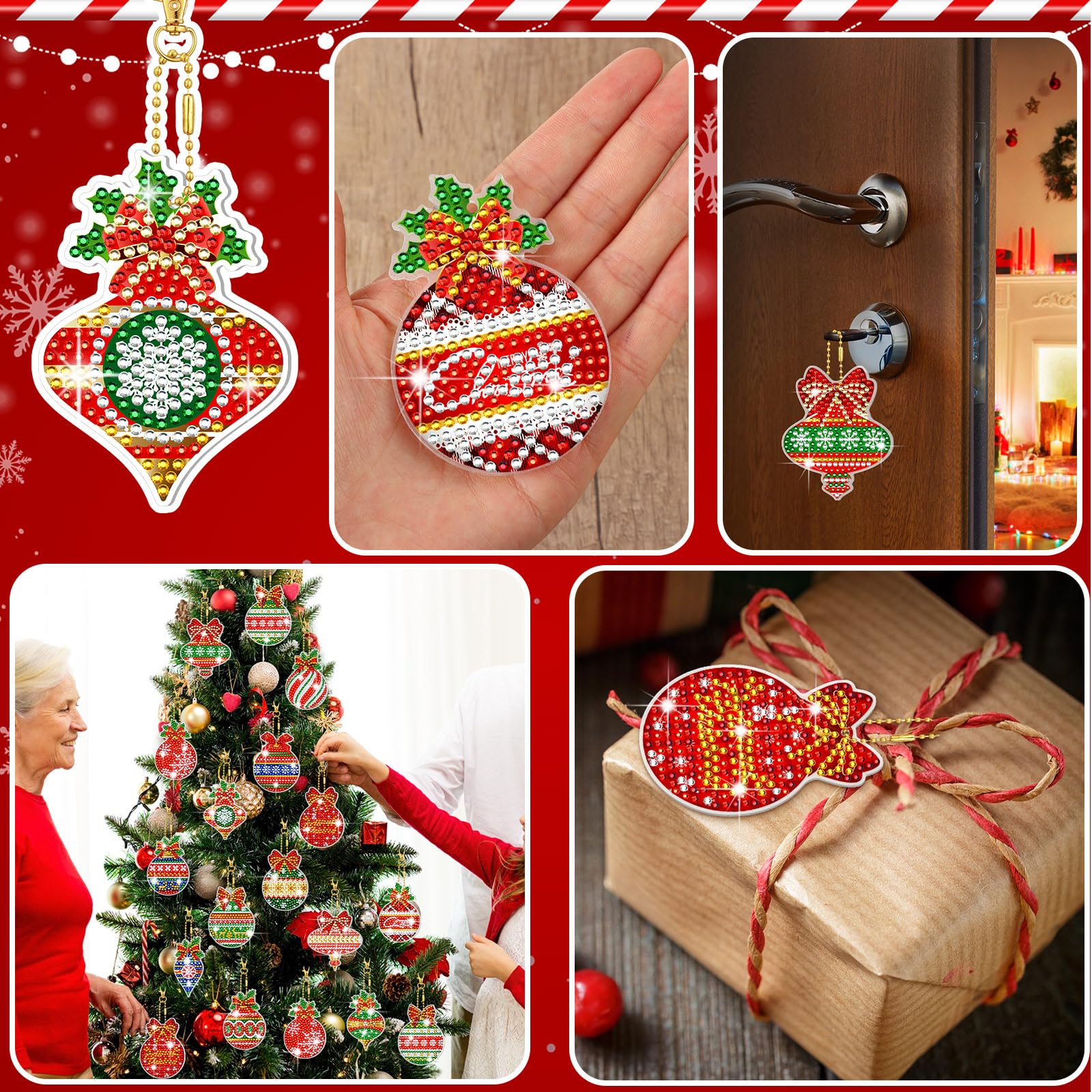 BBTO 15 Christmas Diamond Painted Keychains Art Ornaments 5D DIY Red Christmas Ball Patterns for Children's DIY Crafts