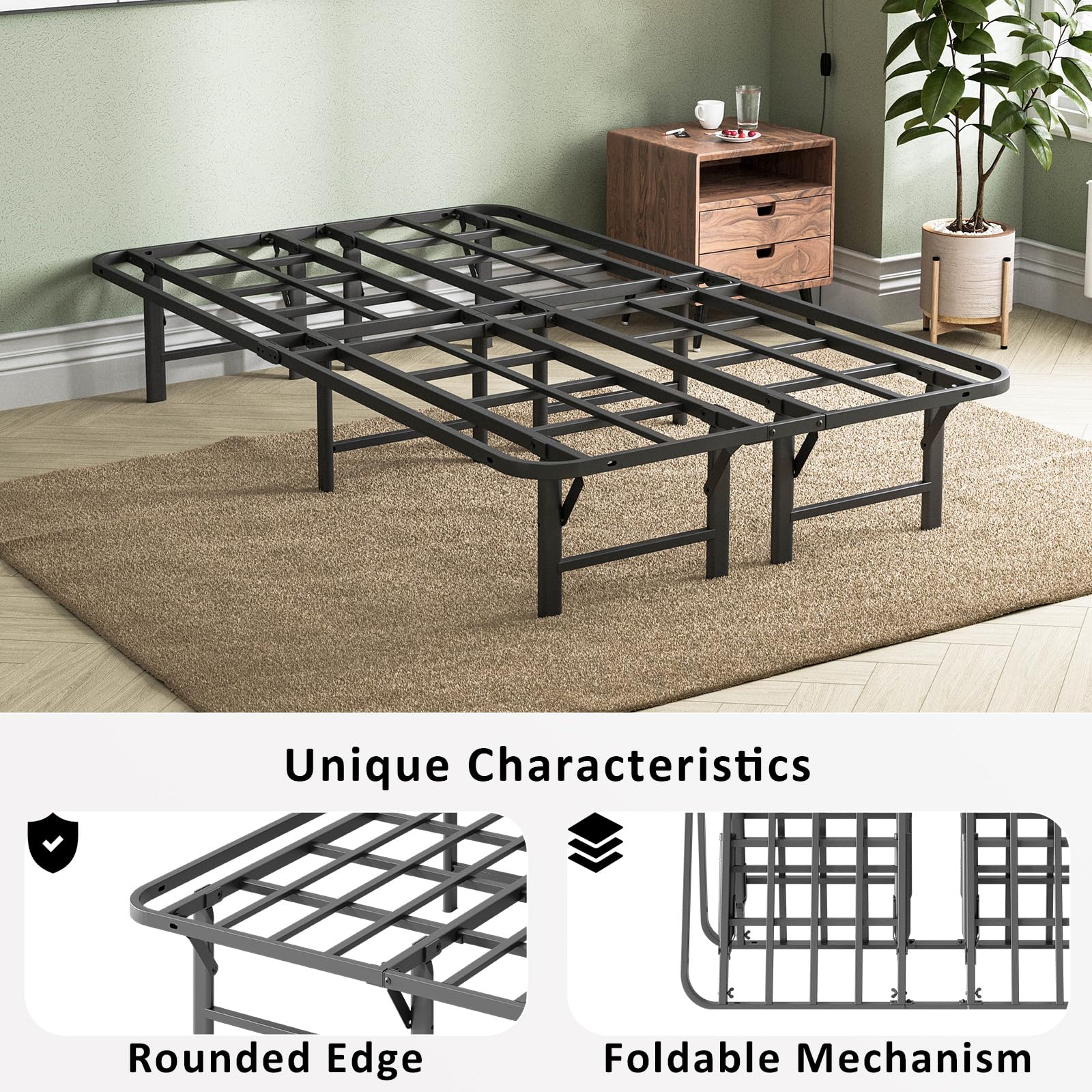 COMASACH Queen Folding Bed Frame, 16 Inch High, Premium Steel Heavy Duty Bed Frame, Sturdy Steel, No Box Spring Needed, Noise Free, Easy Assembly, Black