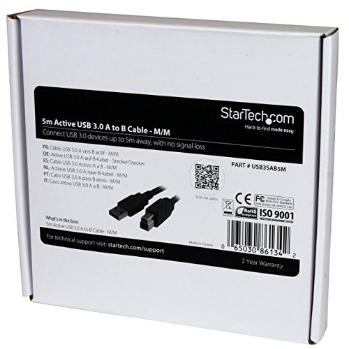 StarTech.com 5m 15 ft Active USB 3.0 (5Gbps) USB-A to USB-B Cable - M/M - USB A to B Cable - USB 3.2 Gen 1, TAA (USB3SAB5M)