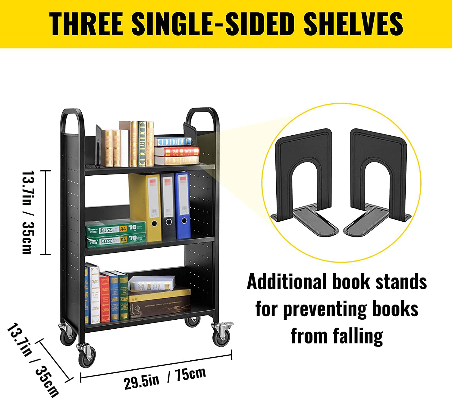 BestEquip Book Cart, 200LBS Library Cart, 49.2''x29.5''x13.8'' Rolling Book Cart, Single Sided L-Shaped Flat Shelves with Lockable Wheels for Home Shelves Office School Book Truck Black