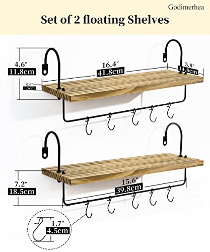 Godimerhea Floating Shelves with Hooks, Set of 2 Rustic Wall Mounted Wooden Decorative Storage Shelves with Towel Rack for Coffee Bar, Kitchen, Living Room(Brown)