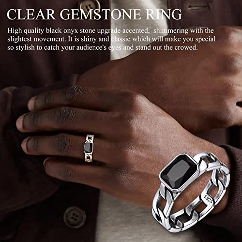Bestyle Silver Black Onyx Ring - Sterling Silver Band Ring Index Middle Finger Stacking Doom Ring, Cuban Link Chain Band Ring with Black Crystal, Great Birthday Gift for Her, Size 8