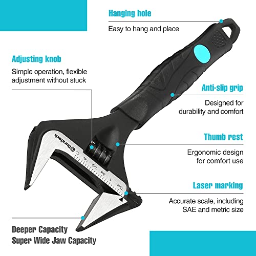 DURATECH 8-Inch Adjustable Wrench, Wide Jaw Opening Black Oxide Finish Plumbing Wrench, CR-V Steel, SAE and Metric Scale Marked, Ergonomic Grip