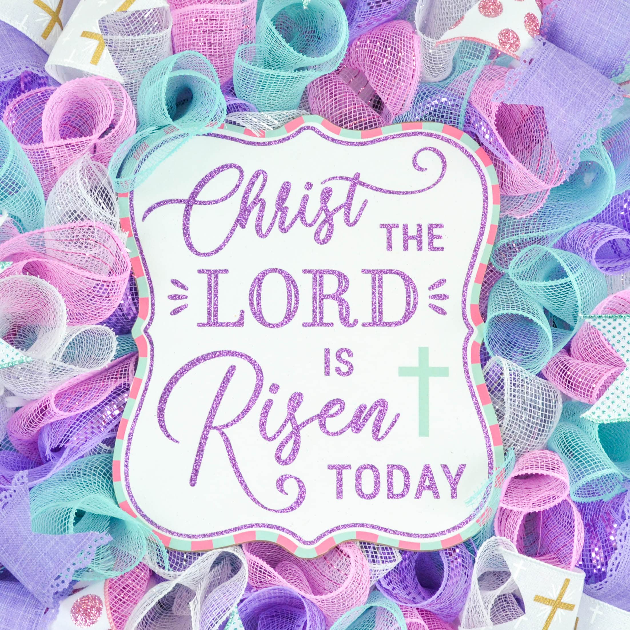 Christ Lord Risen Today Easter Front Door Wreath - Cross Present - Pink Lavender Mint Green Gold White