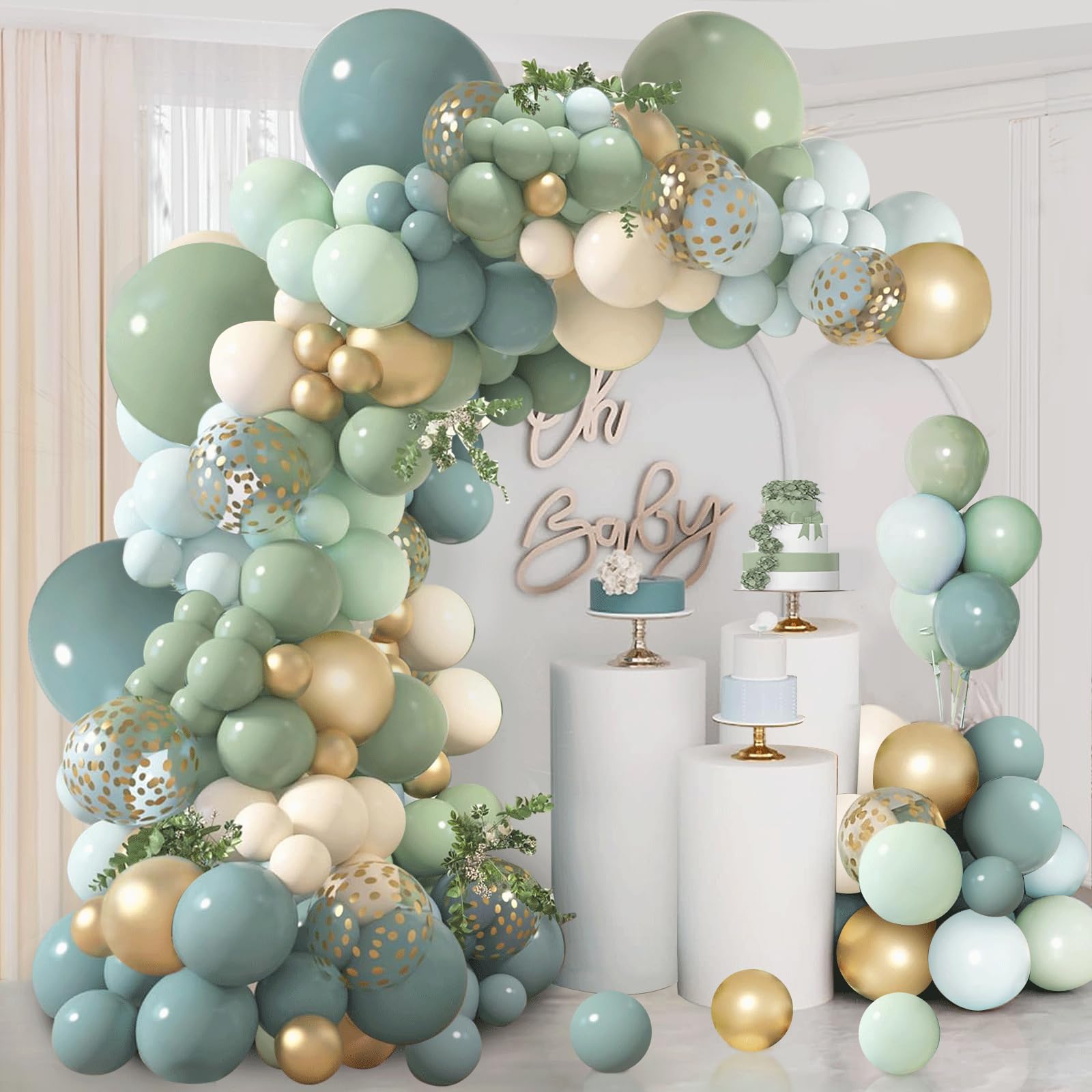 Dusty Blue Sage Green Balloon Arch Kit, Pastel Blue Green Sand White Gold Confetti Balloons Garland Kit for Baby Shower Wedding Bridal Boho Birthday Party Backdrop Decorationsβ¦β¦