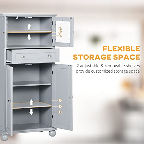 HOMCOM 52" Traditional Kitchen Pantry, Floor Storage Cabinet, Small Cupboard Organizer with Adjustable Shelves and 4-Doors for Dining Room, Living Room, Grey