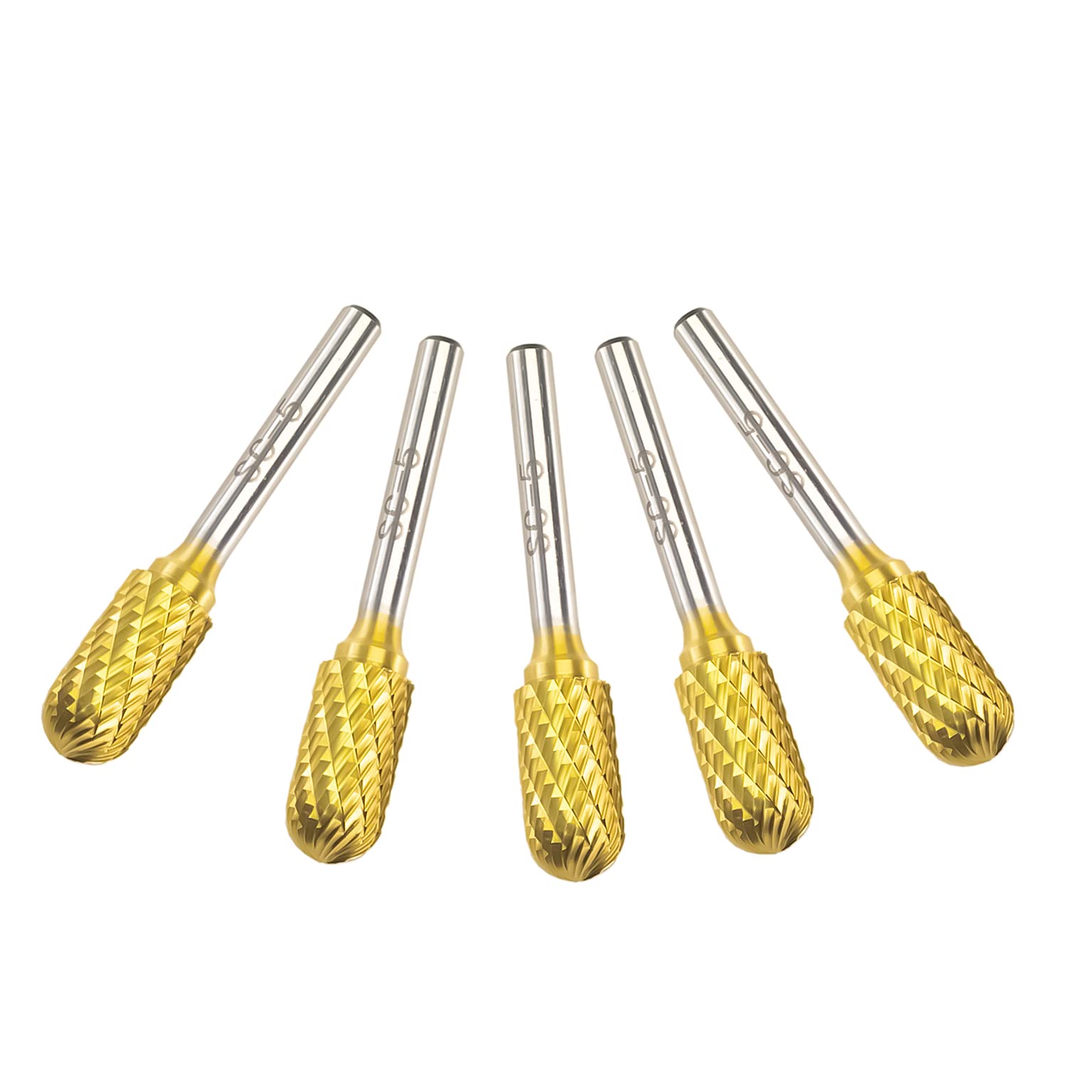 SC-5 5pcs Tungsten Carbide Burr TiN Rotary File Cylindrical Shape with Radius End Double Cut with 1/4''Shank for Die Grinder Drill Bit