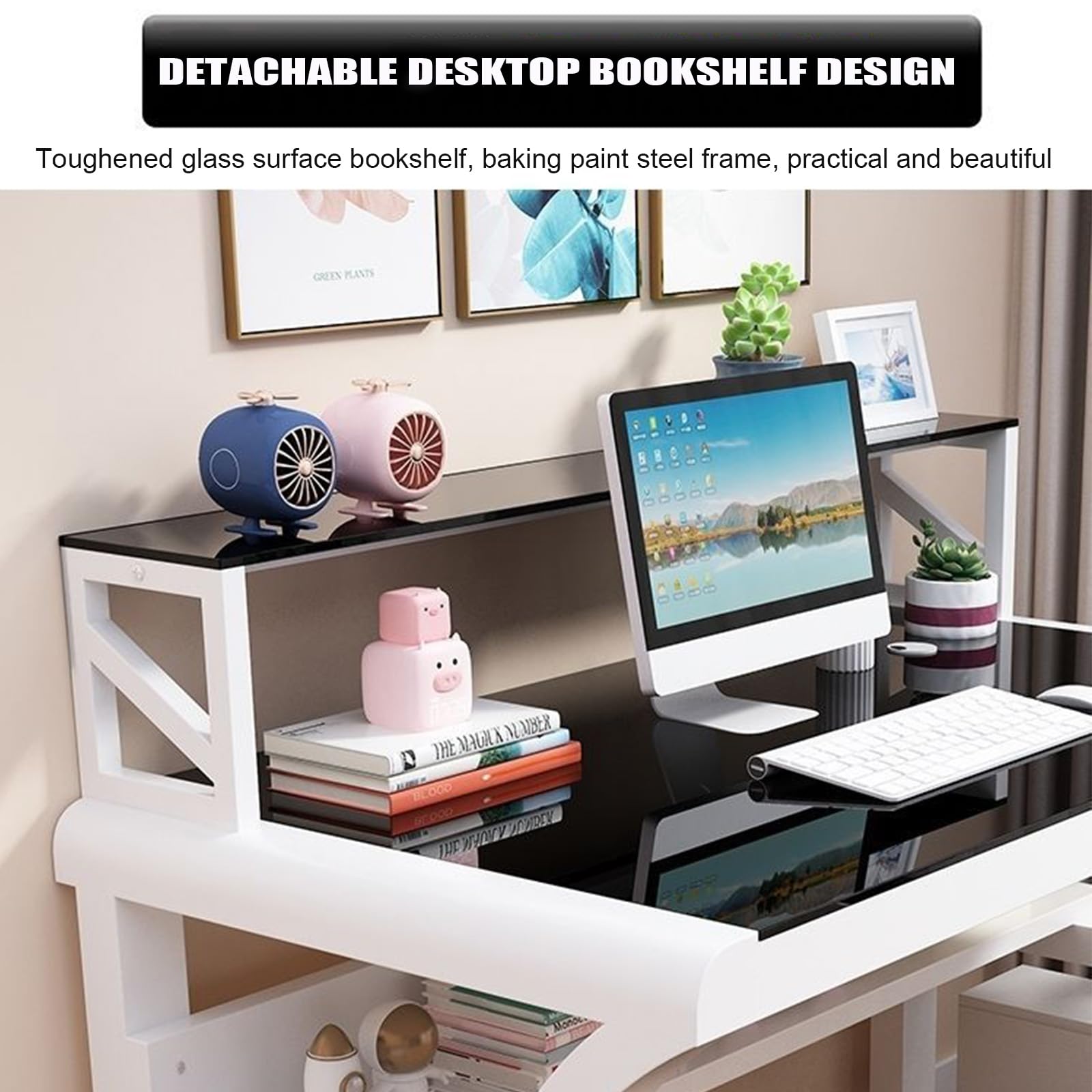 TopJia Tempered Glass Computer Desk, Large Office Desk with Storage Shelves, Modern Simple Gaming Table with Metal Frame, Writing Study Desk for Home Office Workstation(80cm/31inch, C), 1750318