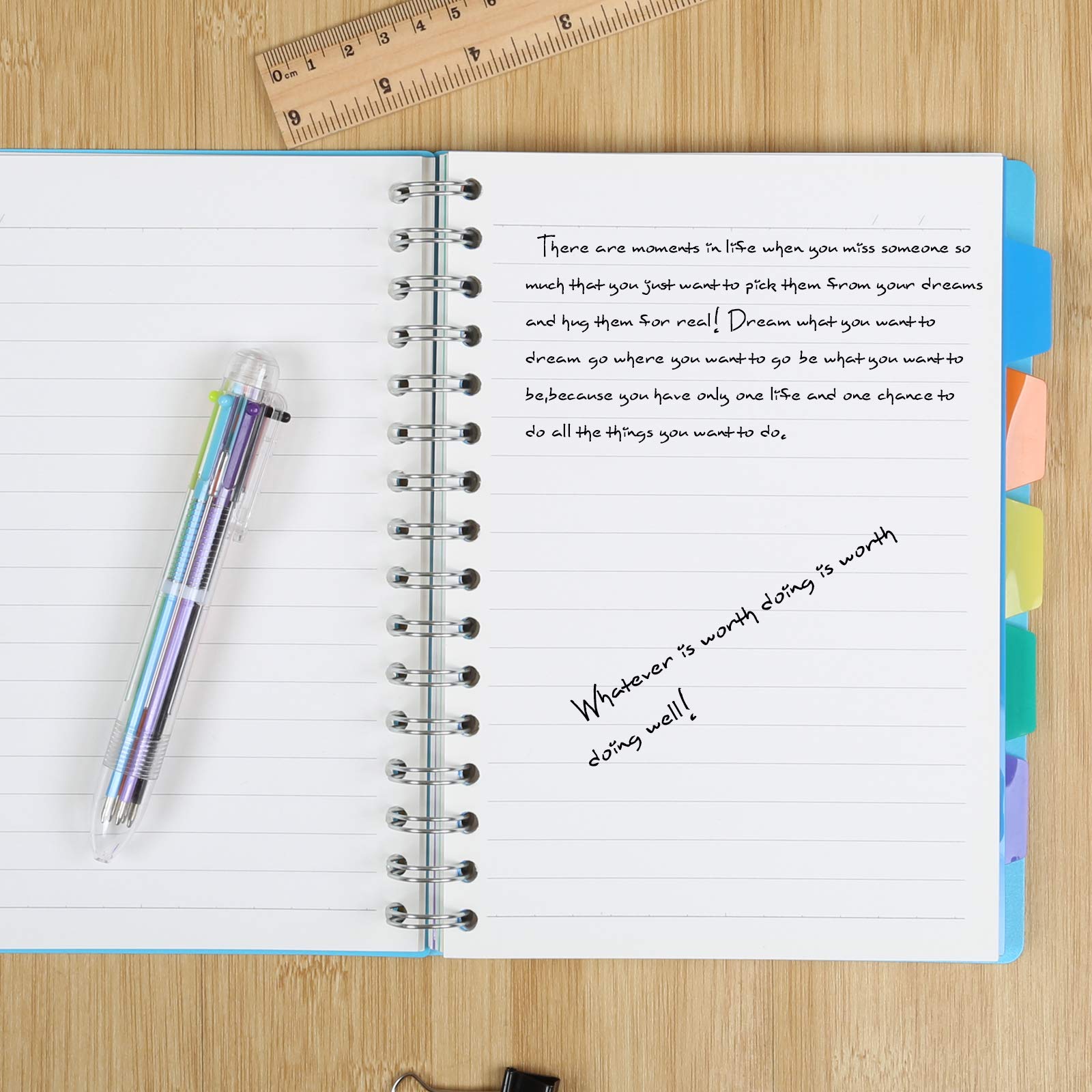 Kesoto A5 Lined Notebook with Multicolored Pen Wire Spiral Subject Notebook Journal with 5 Divider Tabs & 6 Color Retractable Ballpoint Pen, 240 Pages, Blue