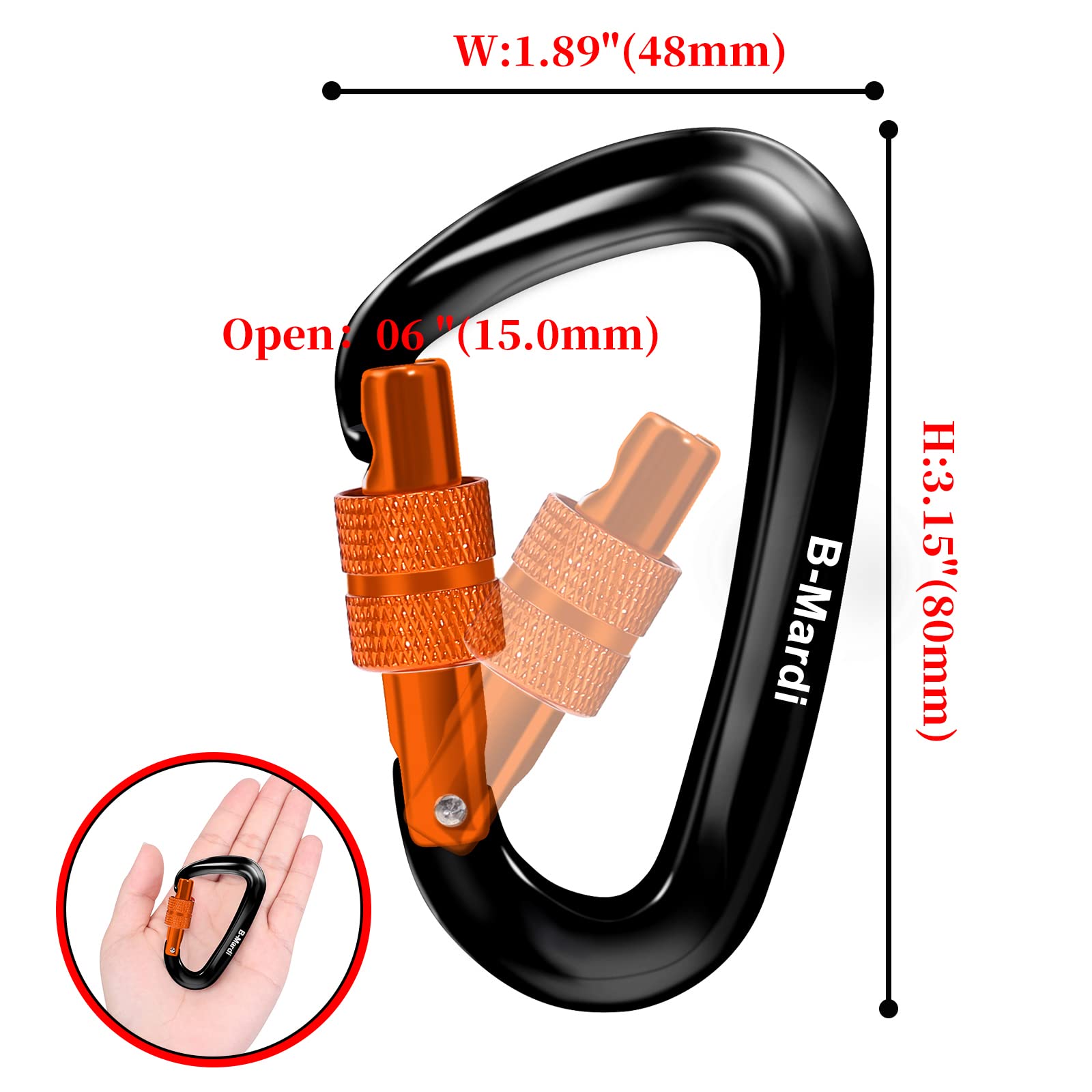 B-Mardi Carabiner Clips Heavy Duty 12kN (2697 lbs)-Lightweight Locking Carabiners for Camping, Hiking, Hammock, Dog Leash Harness, Outdoor and Gym etc, Keychains& Utility 