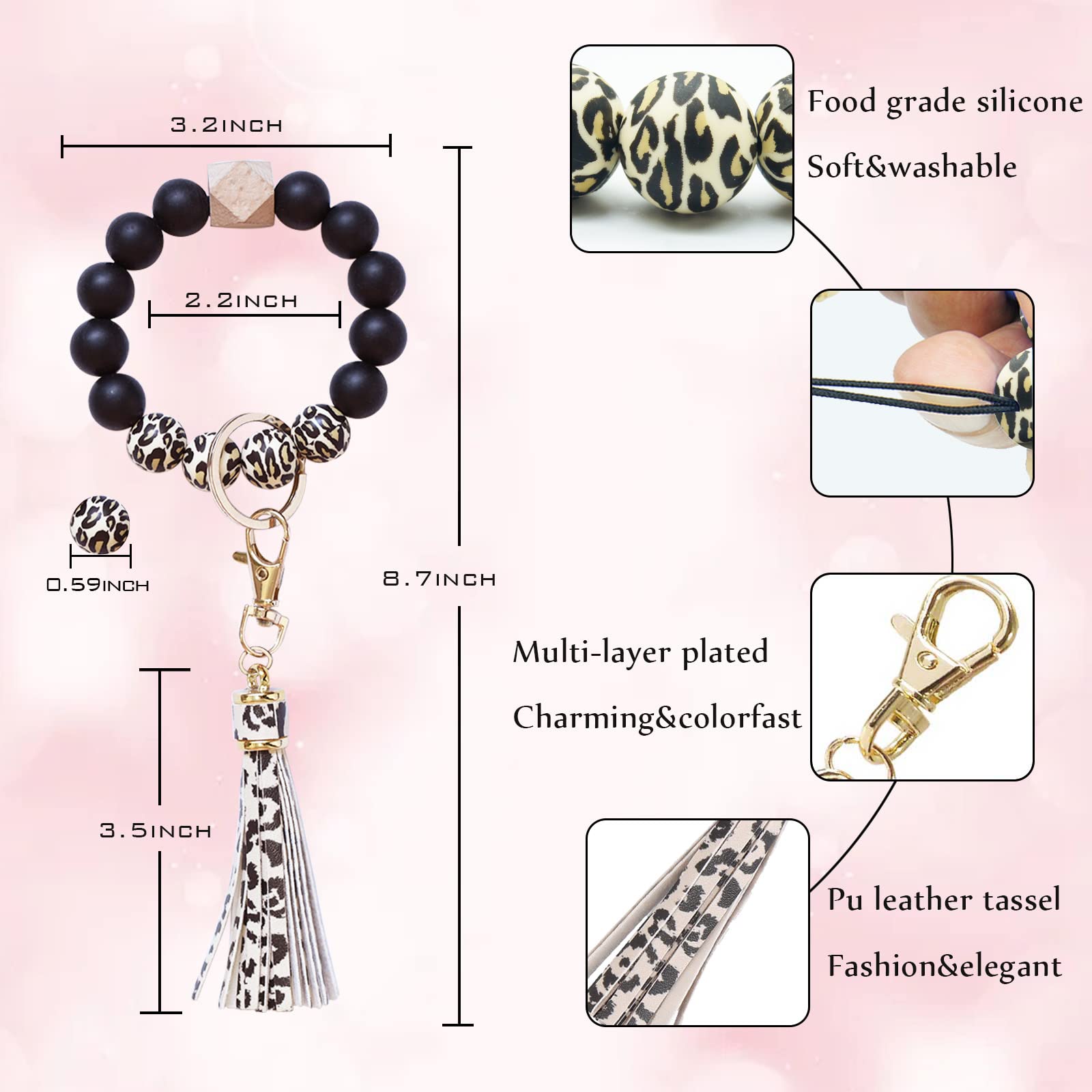BAOSIWA Women Silicone Bracelet Keychain Wristlet Beaded Key Ring Leopard Bangle Chains with Leather Tassel