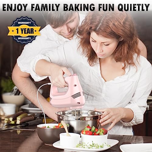 GUALIU Electric Hand Mixer with Stainless Steel Egg Beater, Dough Hook Attachment and Storage Bag Compact Lightweight Hand Mixer for Baking Cakes, Eggs, Cream Food Mixers. Turbocharged /5 Speed + Eject Button Kitchen Blender PINK
