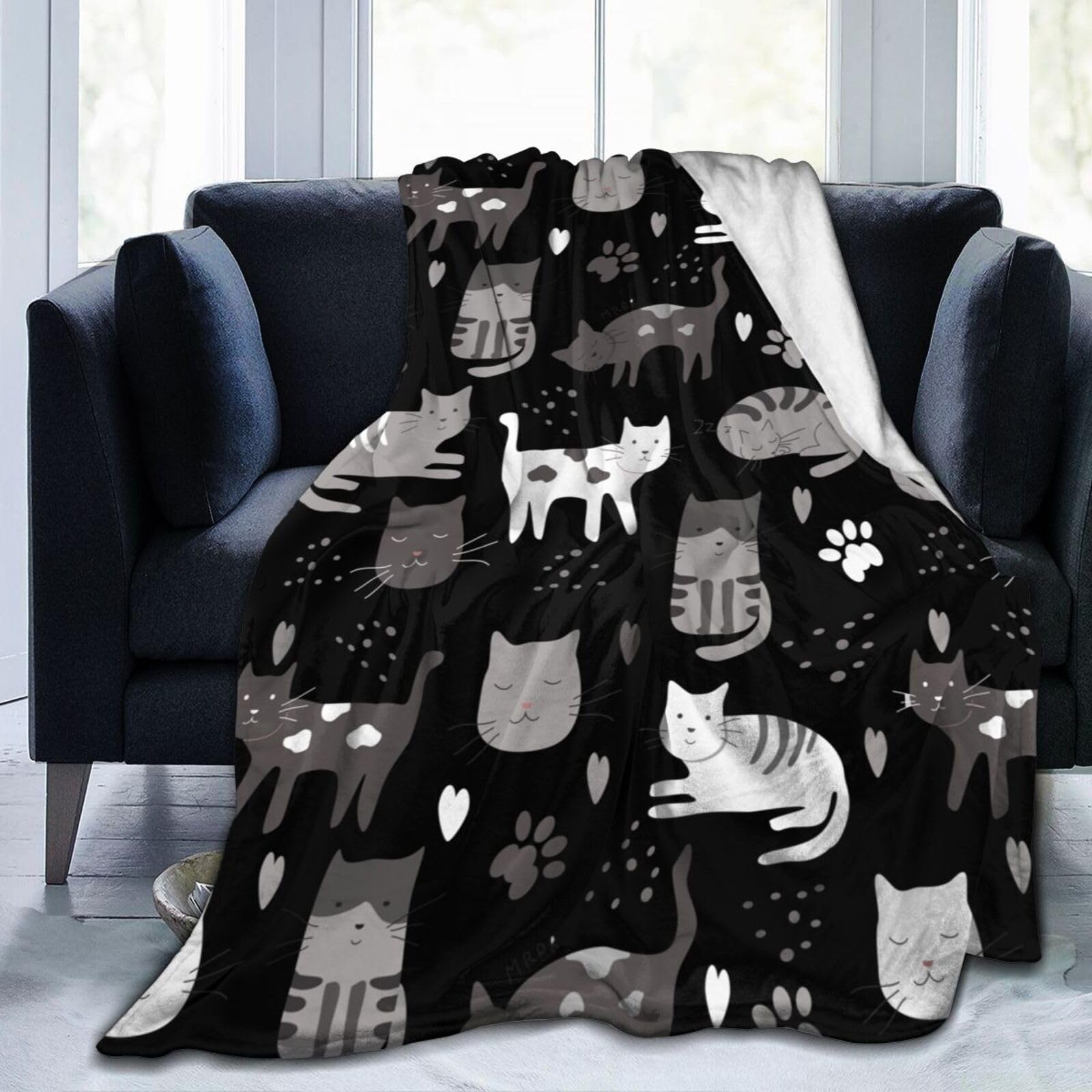 Perinsto Cats Paws Naive Childish (Black) Throw Blanket Ultra Soft Warm All Season Decorative Fleece Blankets for Bed Chair Car Sofa Couch Bedroom 60"X50"