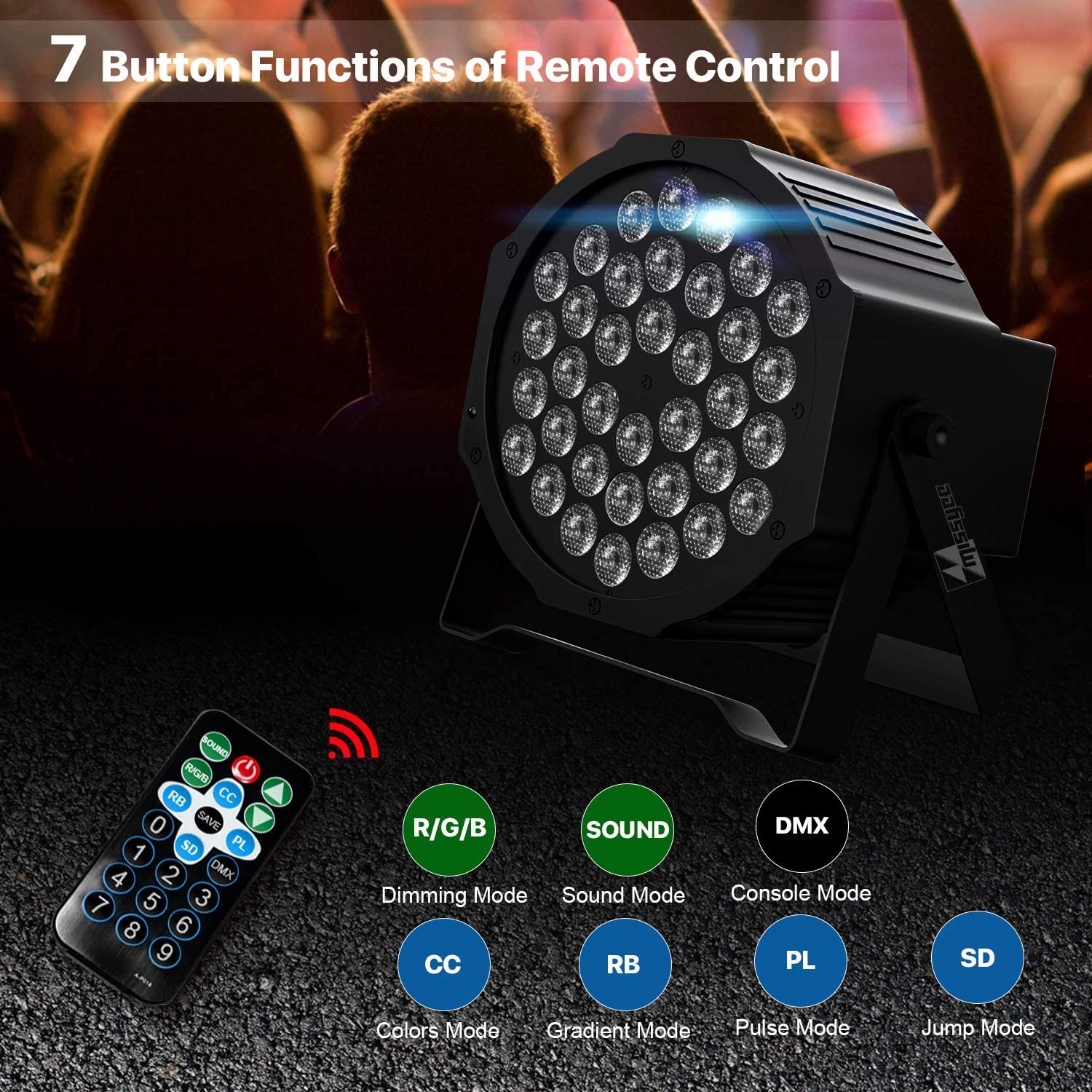 Missyee 36 RGB LED DJ Stage Uplight -DMX Control Sound Activated with Remote Control and 9 Modes LED for Wedding, Events, Christmas and Halloween Music Disco Party -R&D in USA-4 Pack