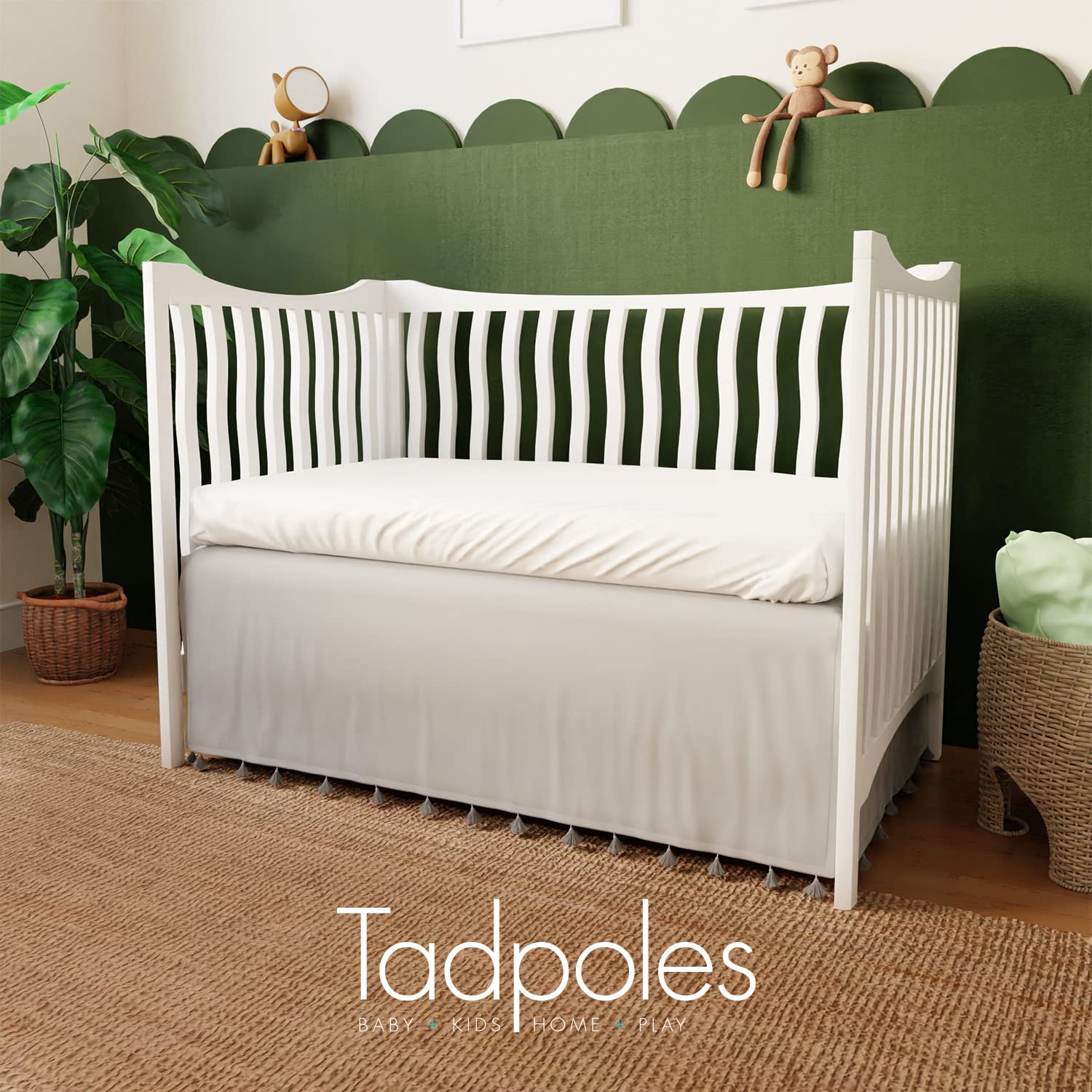 Tadpoles Crib Skirt with Tassel | 28" x 52" with a 14" Drop | Made of 100% Softly Brushed Microfiber Polyester | Easy to Care for | Soft, Smooth, Breathable & Durable | Ideal for Babies | Grey