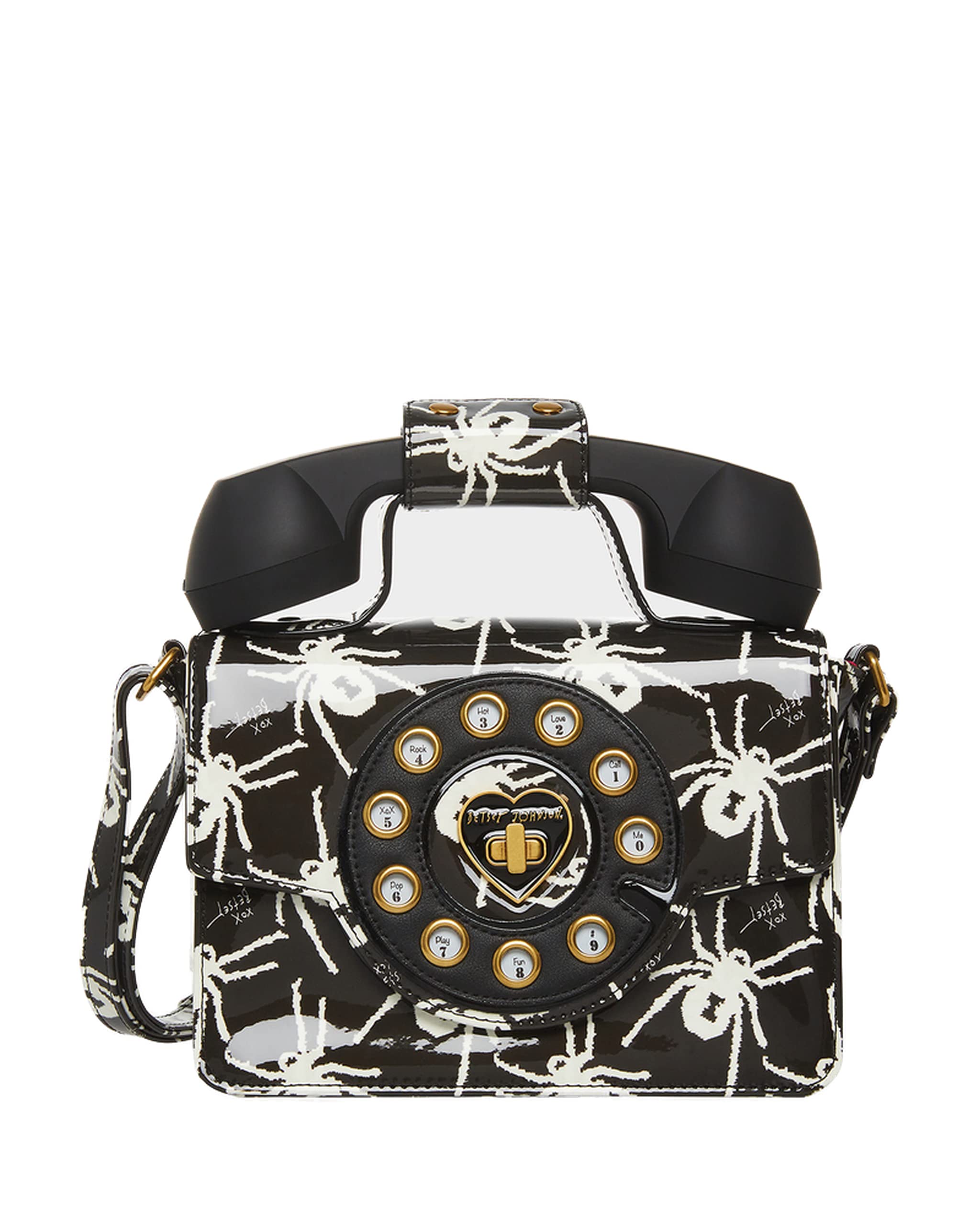 Betsey Johnson 80th Birthday Patent Phone Bag, Black/White