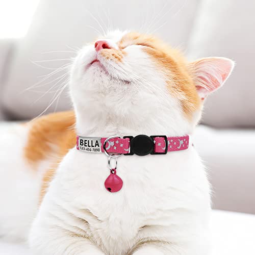 LaReine 2 Pack Cat Collar Personalized, Breakaway Kitten Collar with Phone and Name tag, Cat Collars Reflective with Bell for Girls & Boys (7.5"-12.5" Neck, Hot Pink)