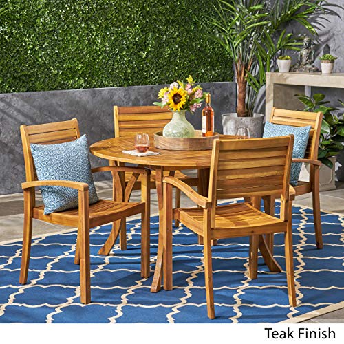 Christopher Knight Home Payne Outdoor 4-Seater Round Acacia Wood Dining Set, Teak Finish