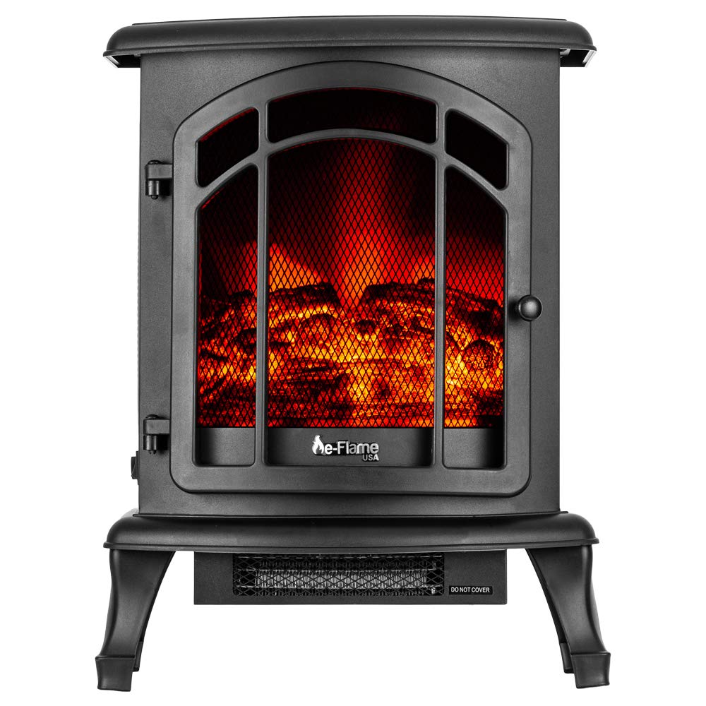 e-Flame USA Tahoe LED Portable Freestanding Electric Fireplace Stove Heater - Realistic 3-D Log and Fire Effect (Black)
