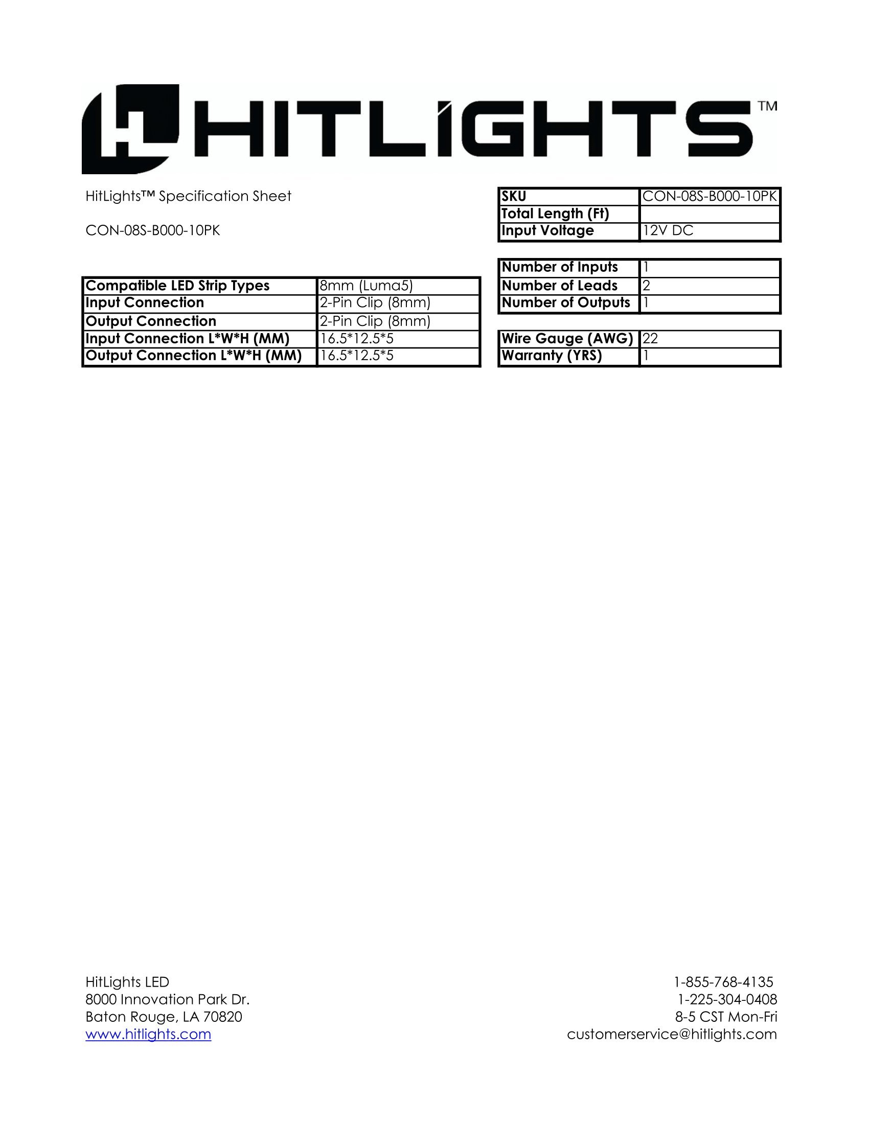 HitLights LED Light Strip Connector, 8mm Single Color 3528 - Gapless Strip to Strip, 10 Pack
