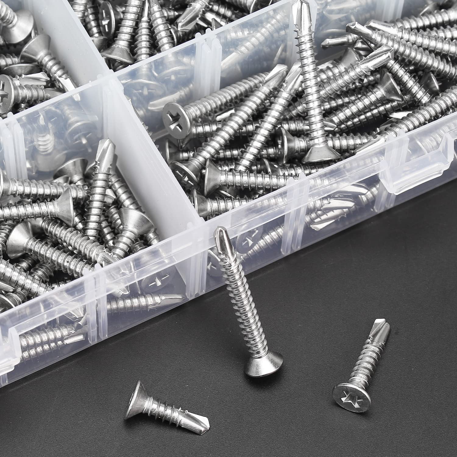 HELIFOUNER #10 x1/2", 5/8", 3/4", 1", 1-1/4", 1-1/2" Self Drilling Screws Sheet Metal Screws Assortment Kit, 410 Stainless Steel (#10 Countersunk Head)