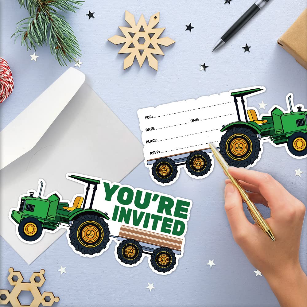 Cusrtyh 15 Sheets Tractor Party Celebration Invitations card with with 15 Envelopes,Green Tractor Birthday Party,Farmer Tractor Party Celebration Invitation cards, Birthday Party Supplies
