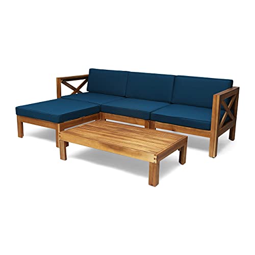 Christopher Knight Home Mamie Outdoor Acacia Wood 5 Piece Sofa Set, Teak Finish, Dark Teal