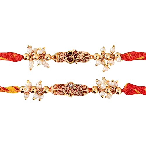 Eximious India Set of 2 Rakhi For Brother With Card Om and Ganesha Pearl Pendant For Raksha Bandhan Designer Rakhi Thread for Bhaiya