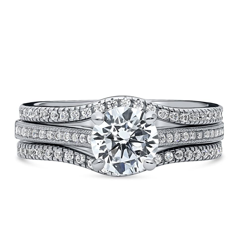 BERRICLE Sterling Silver Solitaire Wedding Engagement Rings 1 Carat Round Cubic Zirconia CZ Ring Set for Women, Rhodium Plated Size 7