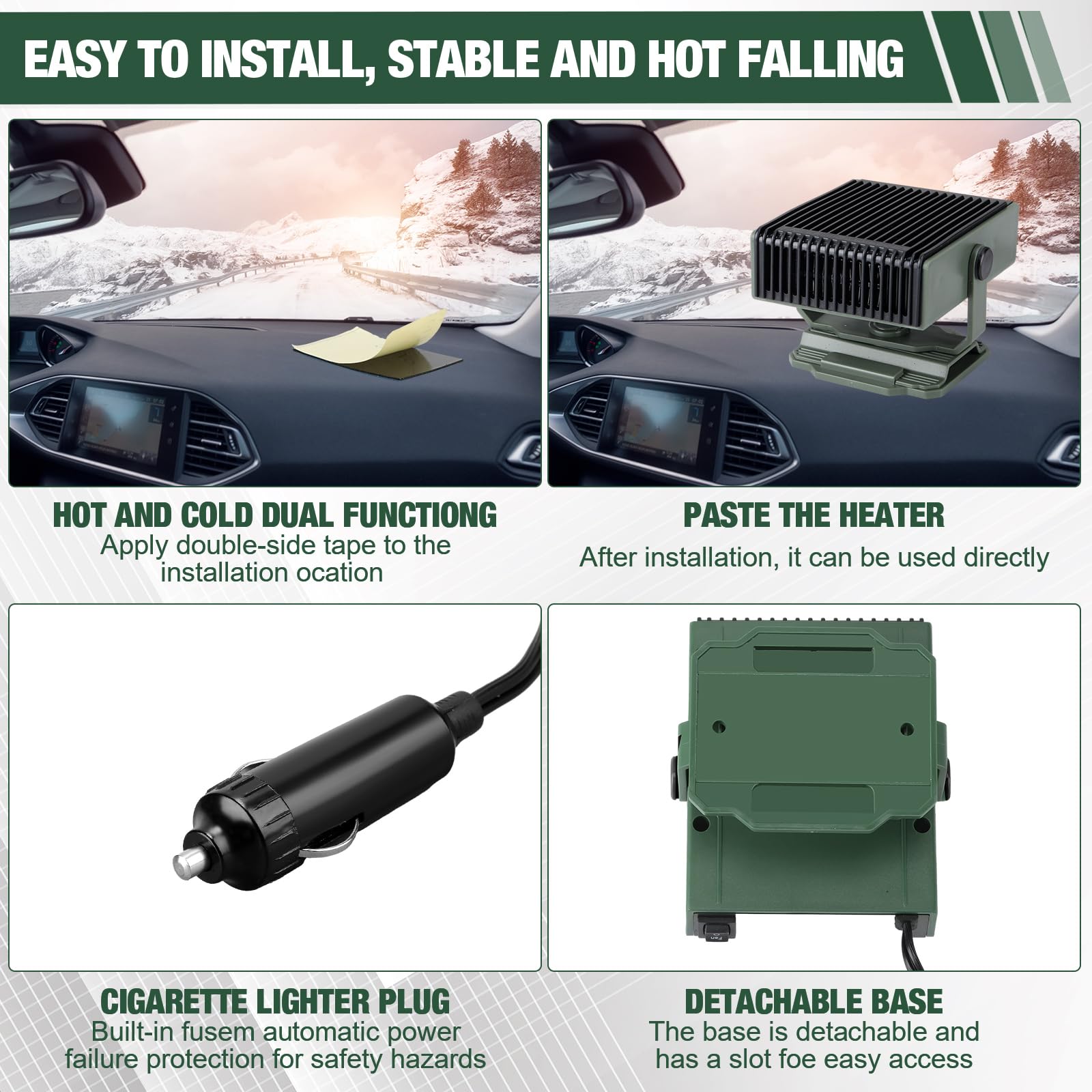 Baquler 12V 150W Portable Car Heater Windshield Defogger 2 In 1 Windshield Defroster Rotatable Fast Heating and Cooling Fan Automotive Windscreen Demister with 360 Degree Rotary Base(Dark Green)