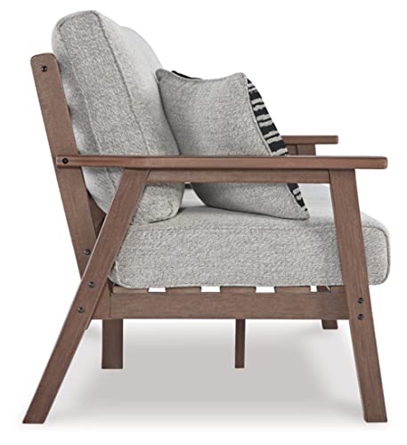 Signature Design by Ashley Emmeline Classic Outdoor HDPE Wood Look Framed Cushioned Loveseat, Beige & Gray