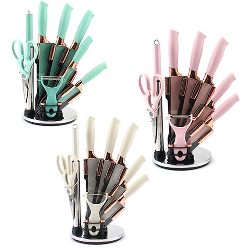 Knife Set, 9Pcs Stainless Steel Non Stick Kitchen Knife Block Set, Sharp Cutlery Knives Set with Sharpener Knives Set with Rotatable Storage Stand Scissors Pink