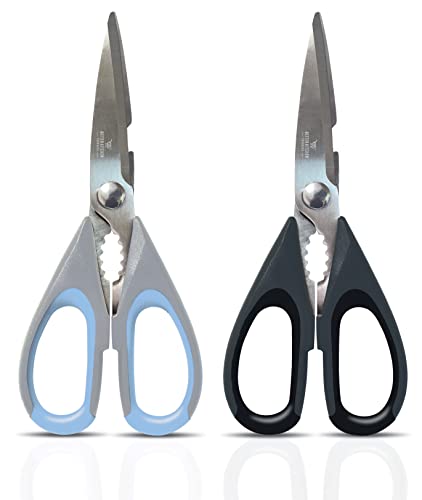 Better Kitchen Products Premium Kitchen Shears, 8.5", All Purpose Stainless Steel Utility Scissors, Heavy Duty, Meat Scissors, Poultry Shears, Multipurpose (2PK-Blk/Gray & Slvr/Blu)