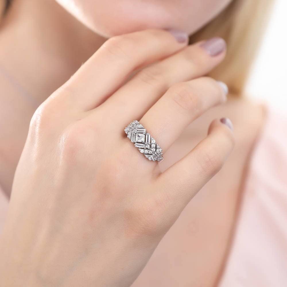 BERRICLE Sterling Silver Bar Cubic Zirconia CZ Art Deco Fashion Ring for Women, Rhodium Plated Size 8