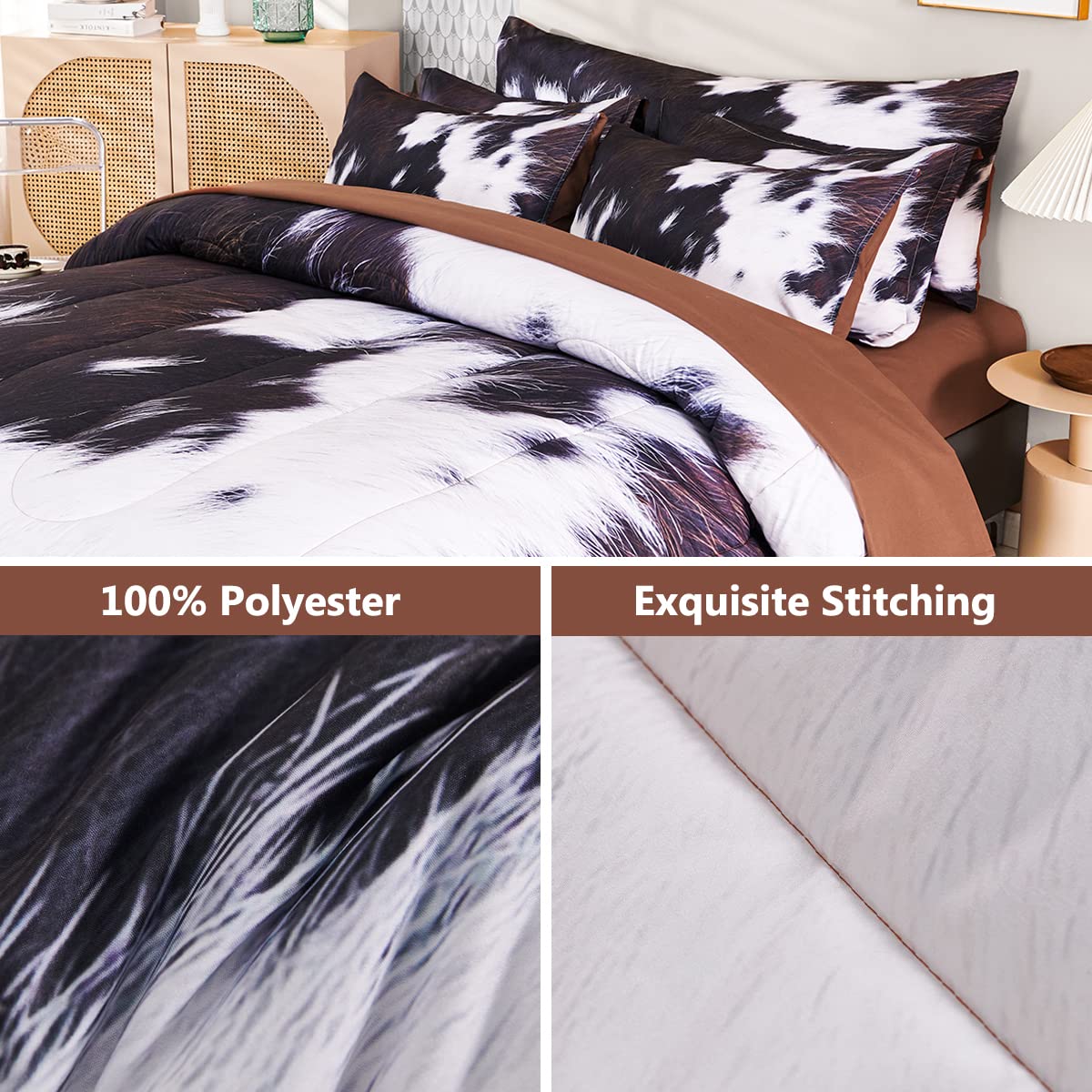 SUCSES Cow Print Comforter Set Queen Size, 8Pcs Cow Fur Print Bed in A Bed, Western Highland Cowhide Bedding Sets with Comforter and Sheets, Super Soft Farmhouse Style Bed Quilt Set for Teens Boys
