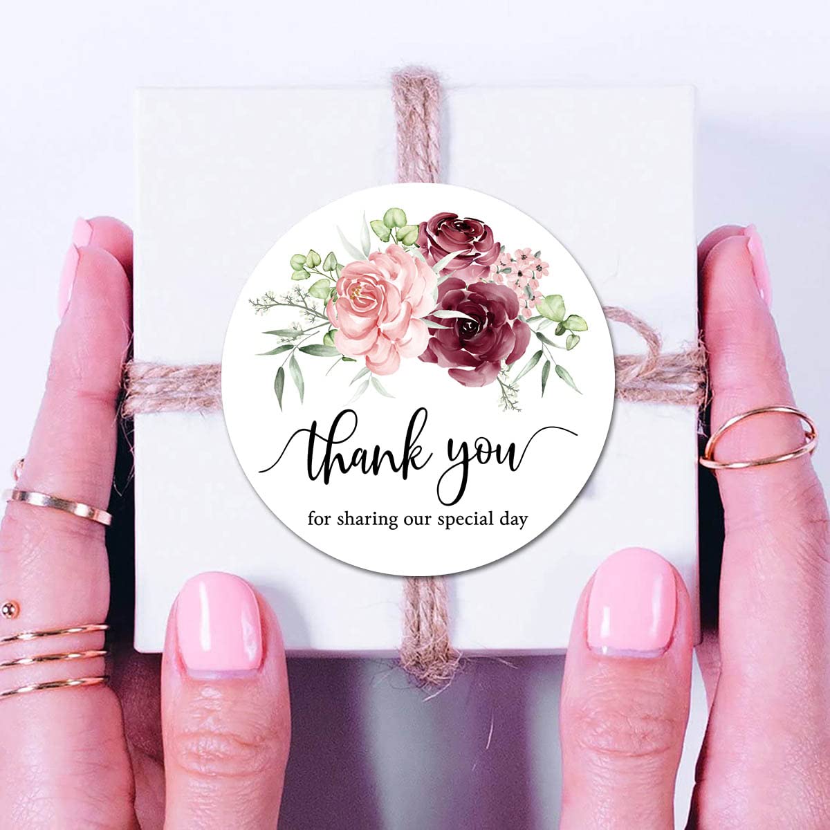 Burgundy Floral Thank You Stickers, 2 Inch Wedding Bridal Baby Shower Party Labels 40pack