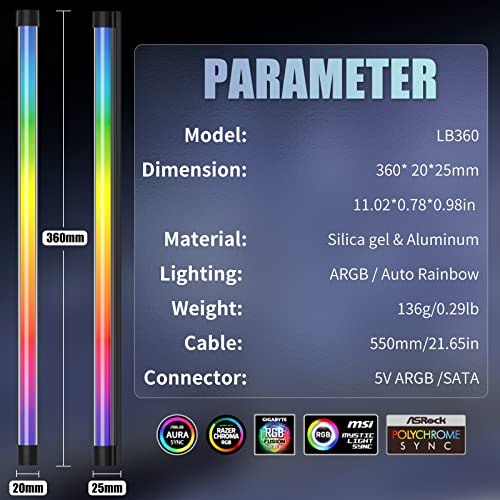 novonest Upgraded Magnetic LED Strip, 14.17"(360mm), Black, Acrylic Diffuse Material ARGB LED Strip, SATA Auto Rainbow/5V 3PIN, for Aura SYNC, Gigabyte RGB Fusion, MSI Mystic Light Sync, LB360