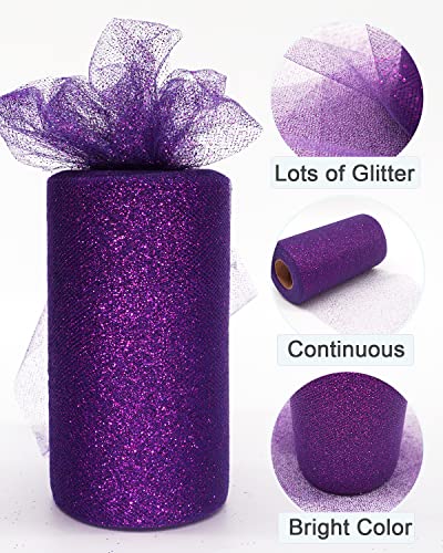 Glitter Tulle Fabric Rolls, 6 Inch 50 Yards (150ft) Sparkling Spool Ribbon Sequin Netting for Tutu Skirt Gift Wrapping Wedding Party Decoration (Purple)