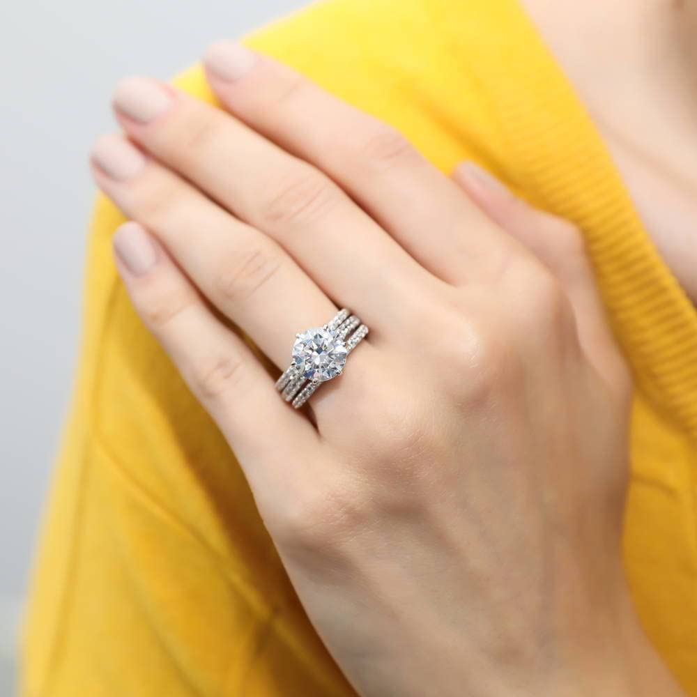 BERRICLE Sterling Silver Solitaire Wedding Engagement Rings 3.8 Carat Round Cubic Zirconia CZ Ring Set for Women, Rhodium Plated Size 8
