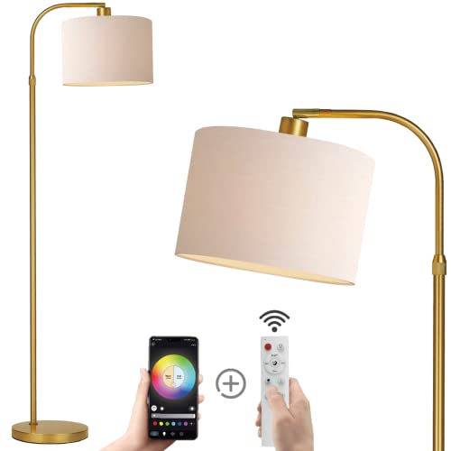 FINNCHY Gold Floor Lamp with Remote Control, Adjustable Height Arc Floor Lamps for Living Room, Modern Gold Standing Lamp Boho Floor Lamp for Bedroom, Smart Dimmable Floor Lamp with 9W LED Bulb