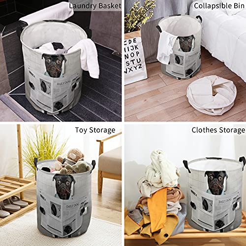 Collapsible Laundry Basket - 16.5 x 17 In Smoking Pug Sitting on The Toilet Storage Bin Laundry Hamper with Handles, Funny Watching Newspaper Waterproof Clothes Baskets for Bedroom/Kids Room