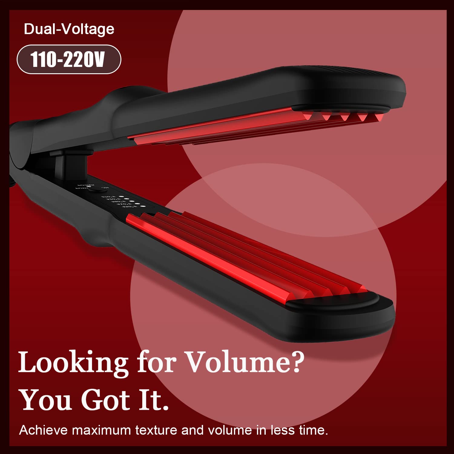 AXUF Crimper Hair Iron,Professional Ceramic 1”Wide Plates Crimping Iron with 15s Fast Heating & 5 Temp Setting,Dual Voltage,Black/Red