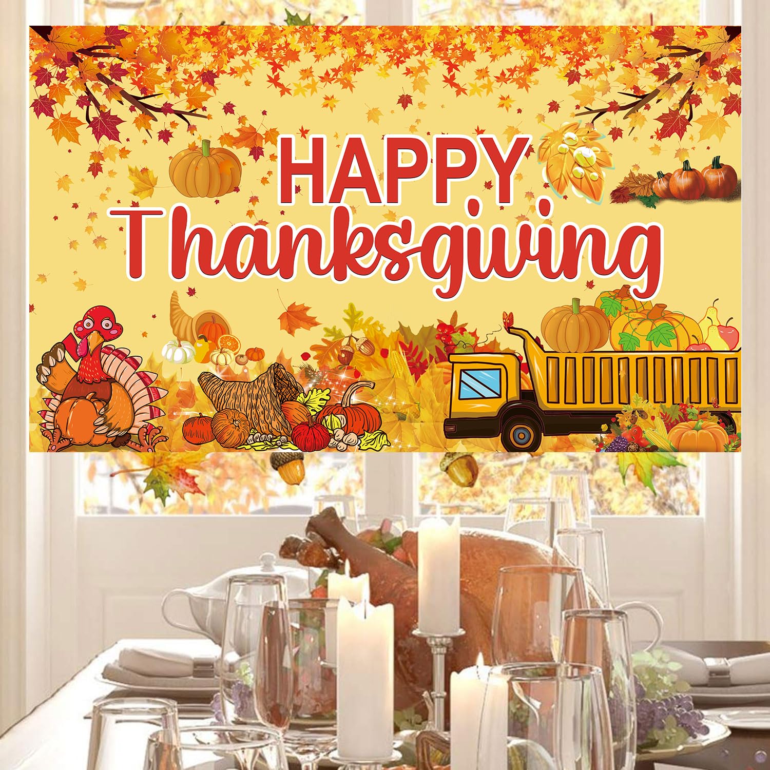 Famoby HAPPY Thanksgiving Fabric Sign Poster Banner Backdrop and Pumpkin Turkey maple leaf Pattern for Thanksgiving Day Photo Booth Background Party Decoration