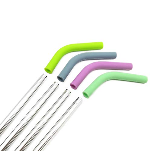 Big Drinking Straws Reusable 13" Extra Long 8mm Extra Wide Food-Grade 18/8 Stainless Steel Silicone Elbows Tips for Smoothie Milkshake Cocktail Juice Hot Drinks - Set of 4 + 2 Cleaning Brushes