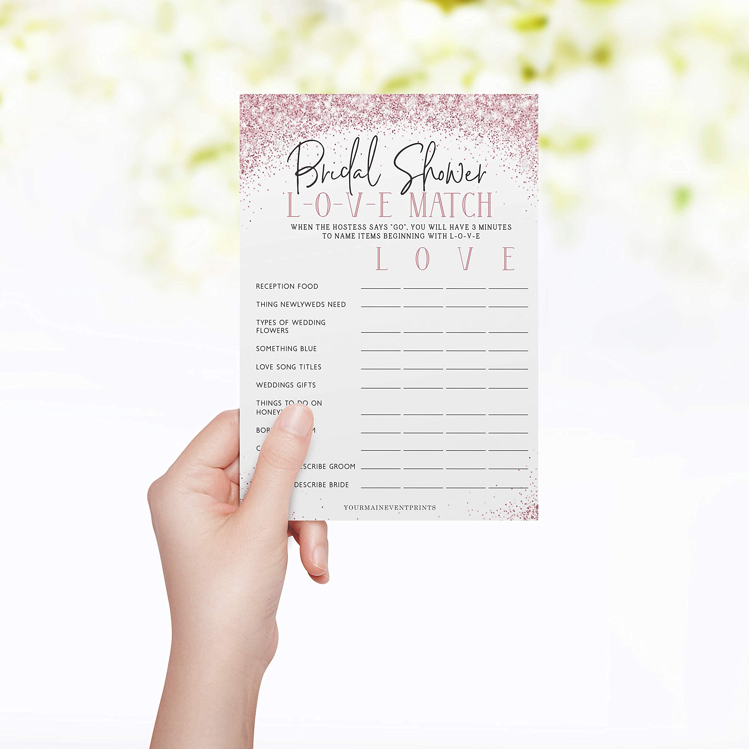Your Main Event Prints Bridal Shower Games (Set of 6 Fun Activities for 25 Guests) - Pink Glitter Theme - Printed Front and Back, One Game Per Side
