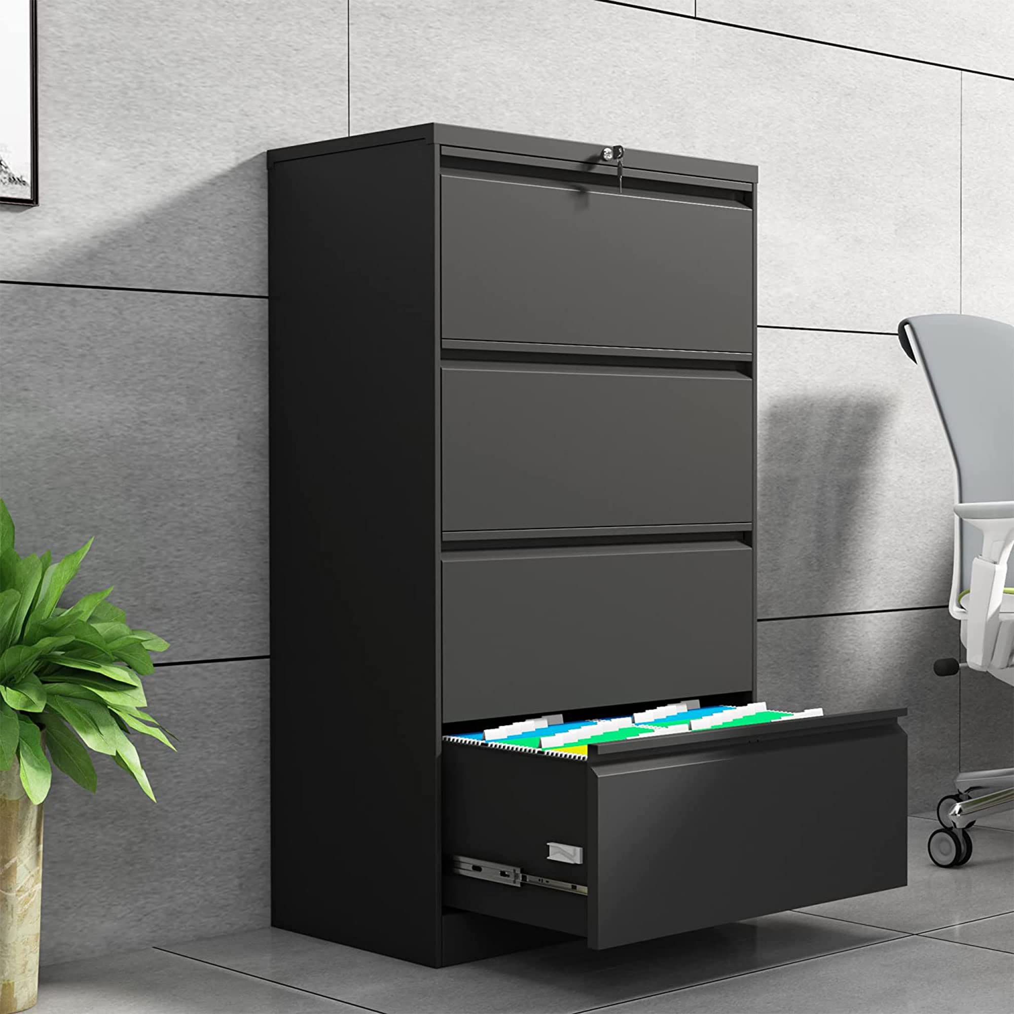 Aobabo 4 Drawer Lateral File Cabinet,Office Filing Cabinet with Lock,Metal Files Cabinet for Office,52'' Office File Cabinets with 4 Drawers,Black,Assembly Required
